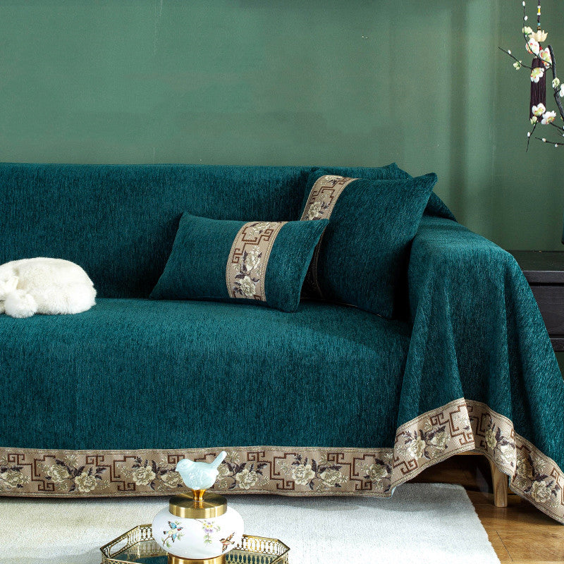 Sofa Throw | Flower print Lace| Solid coloured Chenille Fabric Sofa Co ...